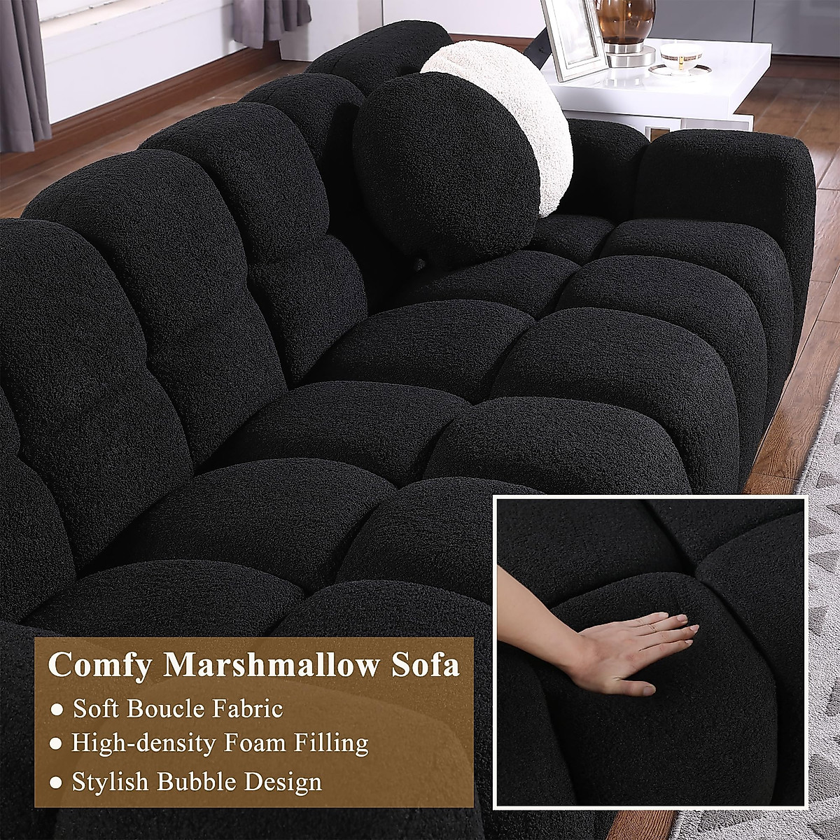 Tmsan 86.5" Boucle Cloud Sofa Couch, Modern Tufted 3 Seater Sectional Sofa Set for Living Room, Comfy Upholstered Couch Bed with 2 Accent Pillows for Bedroom Apartment Office