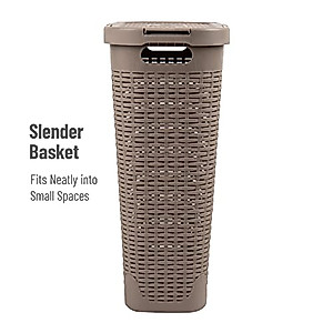 Mind Reader Basket Collection, Slim Laundry Hamper, 40 Liter (15kg/33lbs) Capacity, Cut Out Handles, Attached Hinged Lid, Ventilated, 10.4"L x 18"W x 23.5"H, Tan
