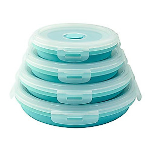 ULEE Silicone Collapsible Food Storage Containers,Set of 4 Round Folding Silicone Lunch Box,Microwave and Freezer Safe (Blue, Round)