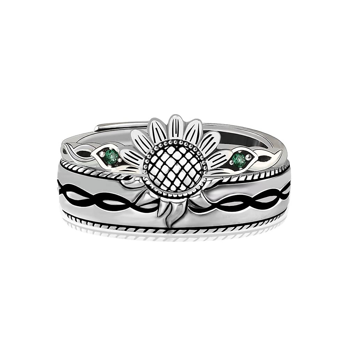 Carol&Allen 925 Sterling Silver Couple Rings Sunflower and Sun Adjustable Loose Band Rings