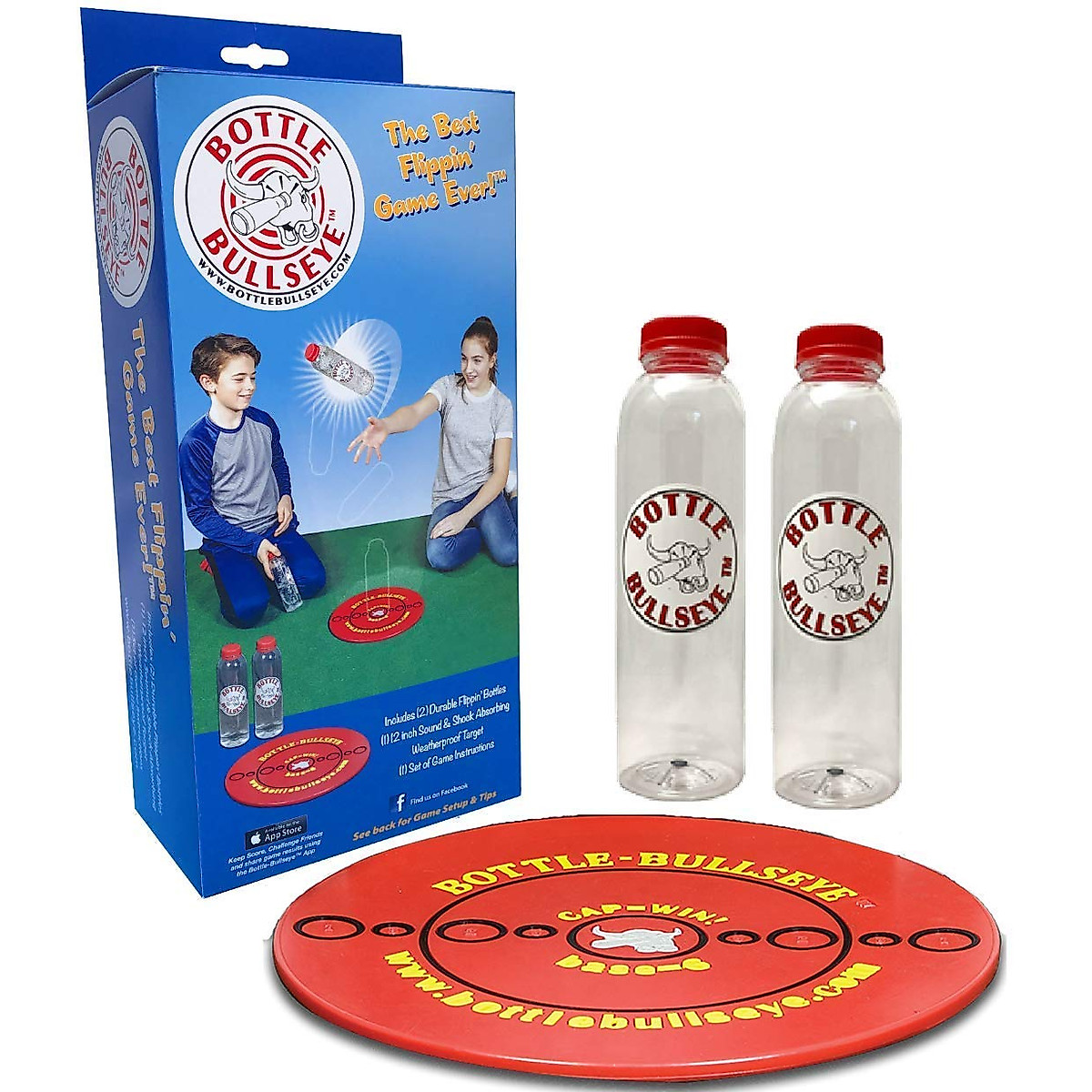BOTTLE-BULLSEYE™ Game. Official Game Kit. Fun Family Game. Play Indoors or Outdoors. Made in The USA. Great for Family Game Night, Parties, picnics, Camping, Tailgating. Durable Target & Bottles!