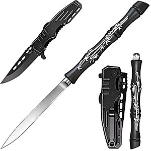 GRAND WAY Bundle of 2 Items - Pocket Folding Knife - Military Style - Boy Scouts Knife - Tactical Knife - Hobby Work Mini Knofe for Men Women - Folding EDC Knife - Kubaton Stocking Stuffers for Men
