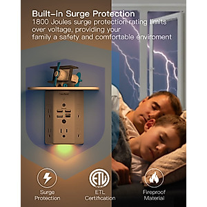 Multi Plug Outlets, Wall Outlet Extender with Night Light and Outlet Shelf, Surge Protector 4 USB Ports(1 USB C), USB Wall Charger Power Strip Electric Outlet Splitter for Home Office