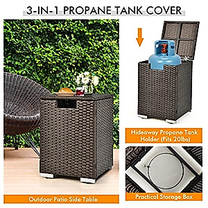 Propane Fire Pit Table-32 Inch x 20 Inch Propane Rattan Fire Pit Table Set with Side Table Tank and Cover