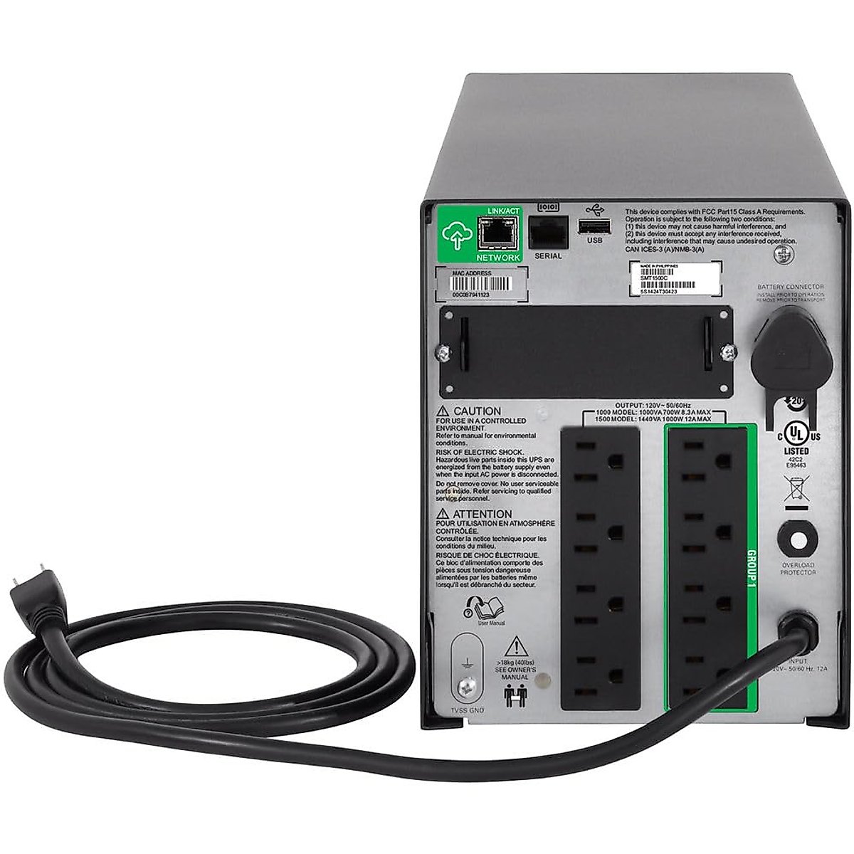 APC 1500VA Smart UPS with SmartConnect, SMT1500C Sinewave UPS Battery Backup, AVR, 120V, Line Interactive Uninterruptible Power Supply with Ethernet Cable, Wire Ties & Cleaning Kit