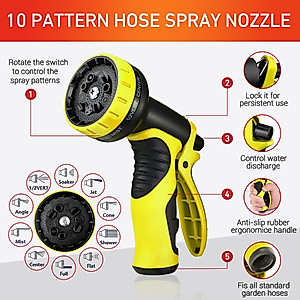 Adimos Hybrid Garden Hose 100 ft x 5/8", Heavy Duty Flexible Lightweight Water Hose 100ft with 10 Function Sprayer Nozzle, 3/4'' Solid Brass Fittings, Ultra Durable, All-weather