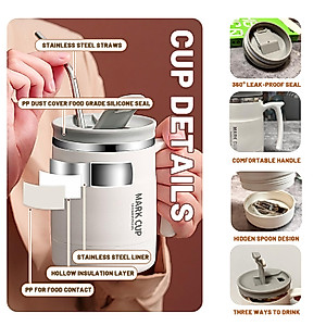 Virmate Stainless Steel Travel Coffee Mug - 400ml/14OZ Coffee Tumbler with Straw and Folding Spoon, Leak-proof for Hot & Cold, Ideal Water Bottle for Home, Office and Gift Giving (White)