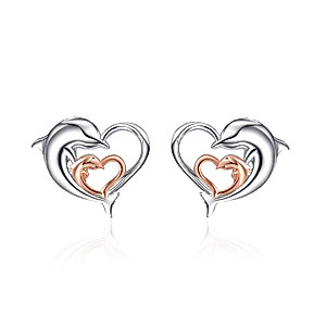 Dolphin Earrings Gifts for Women 925 Sterling Silver Gold Plated Eternal Love Heart Double Dolphin Stud Earrings Christmas Gifts for Women Girls (Rose gold dolphin earrings)