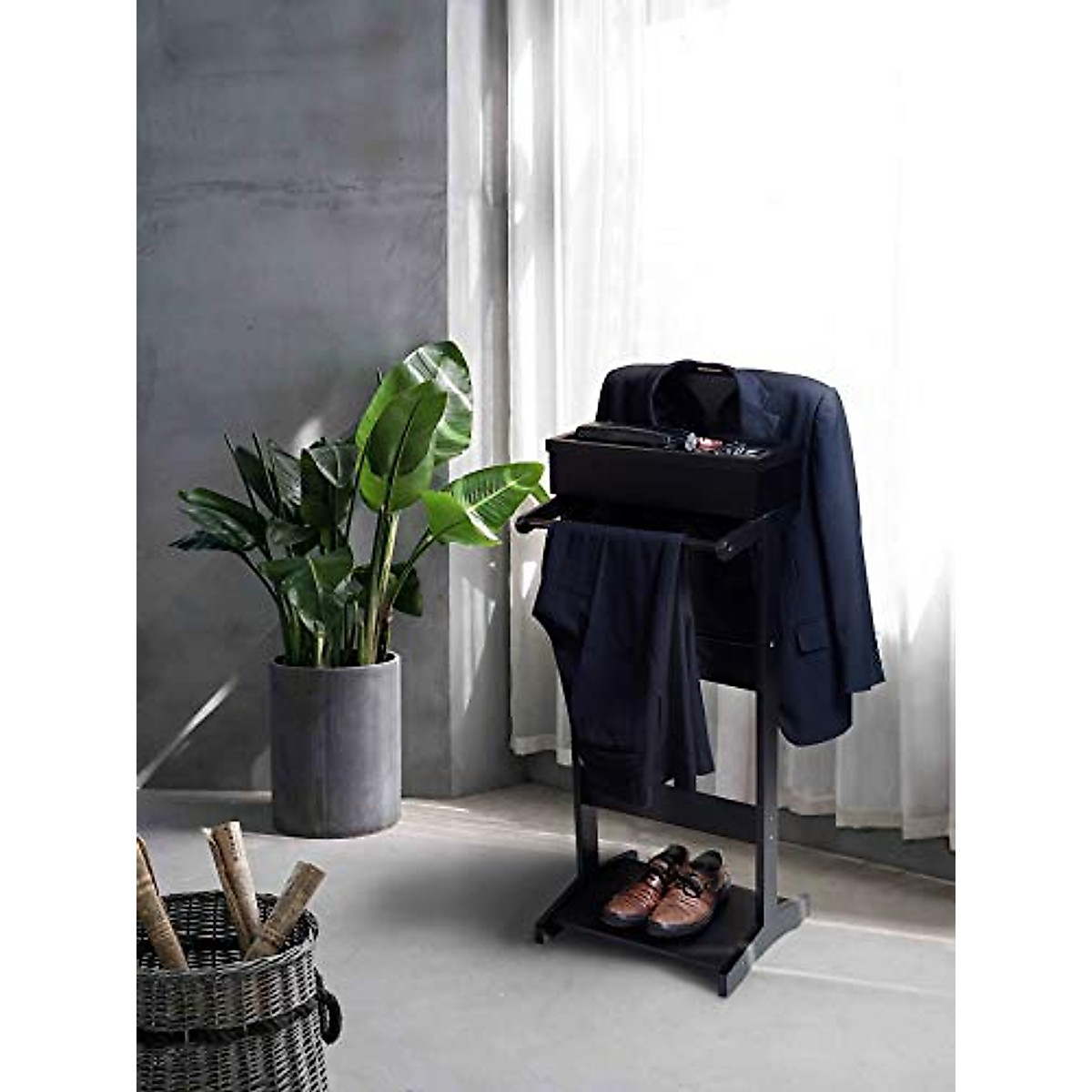 GLS Black Wood Suit Valet Stand Clothes Rack Father's Day Gift