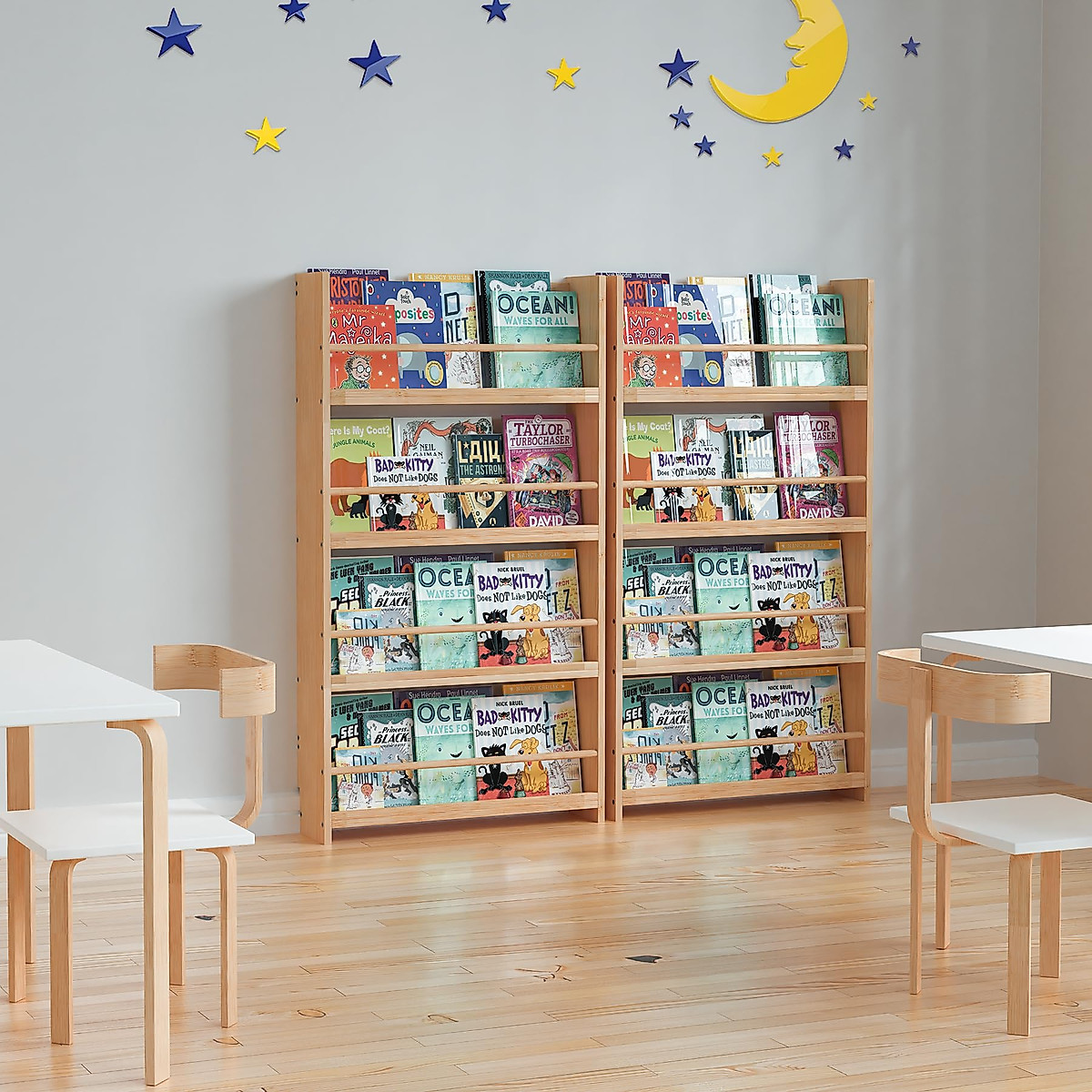 Purbambo Kids Bookshelf Wall Mounted, 4 Tier Bamboo Book Shelf, Kids Books Storage Rack for Bedroom, Living Room, and Classroom