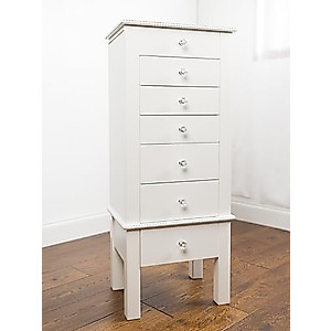 Alveare Home Helena Standing Jewelry Armoire – Elegant Storage with 6 Drawers, Jewel Knobs, Mirror, Ring Rolls, Necklace Hooks & Cord Management – White Finish