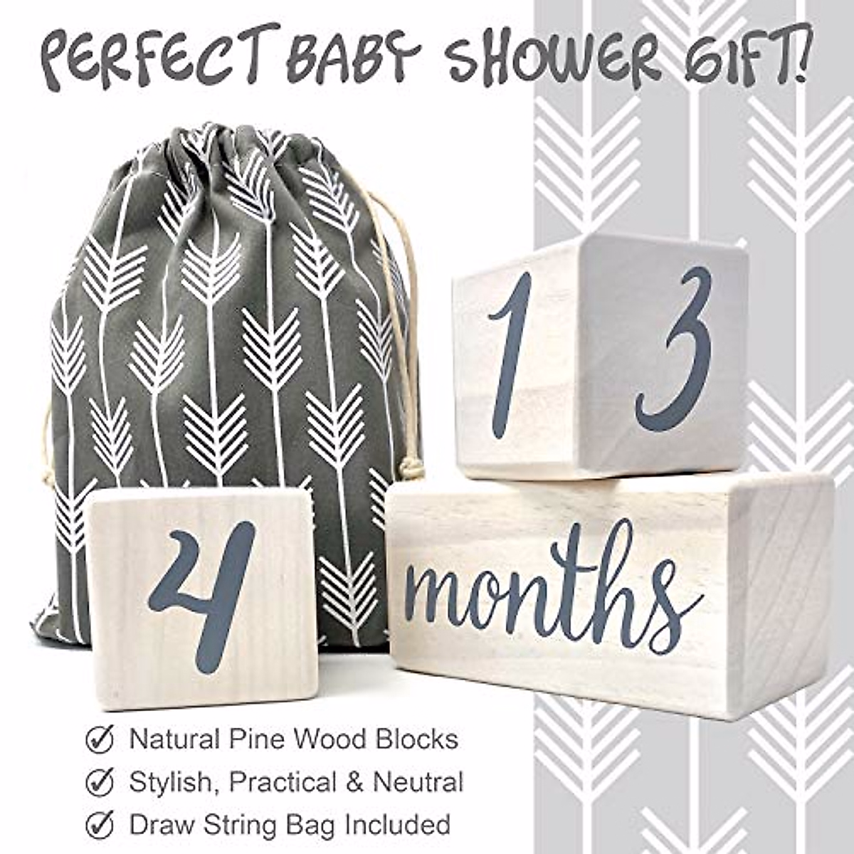 Pondering Pine Baby Milestone Blocks - Natural White Stain Pine Wood with Weeks Months Years Grade - Milestones Age Block Set with Bag, Newborn Weekly Monthly First Year Picture Props, Earth Friendly