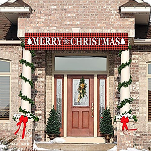 Huge Red Black Plaid Merry Christmas Banner Large Xmas Sign Decorations with Delicate Print for Xmas House Home Outdoor Party Decor, 9.8 x 1.6 Feet (Style Set 3)