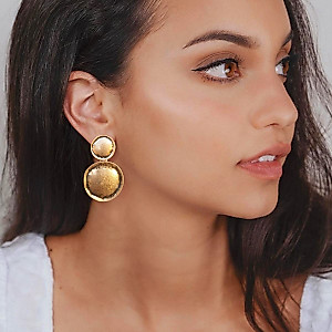 MUYAN Retro Frosted Gold Double Round Disc Dangle Earrings for Women Vintage Matte Gold Circle Drop Earrings