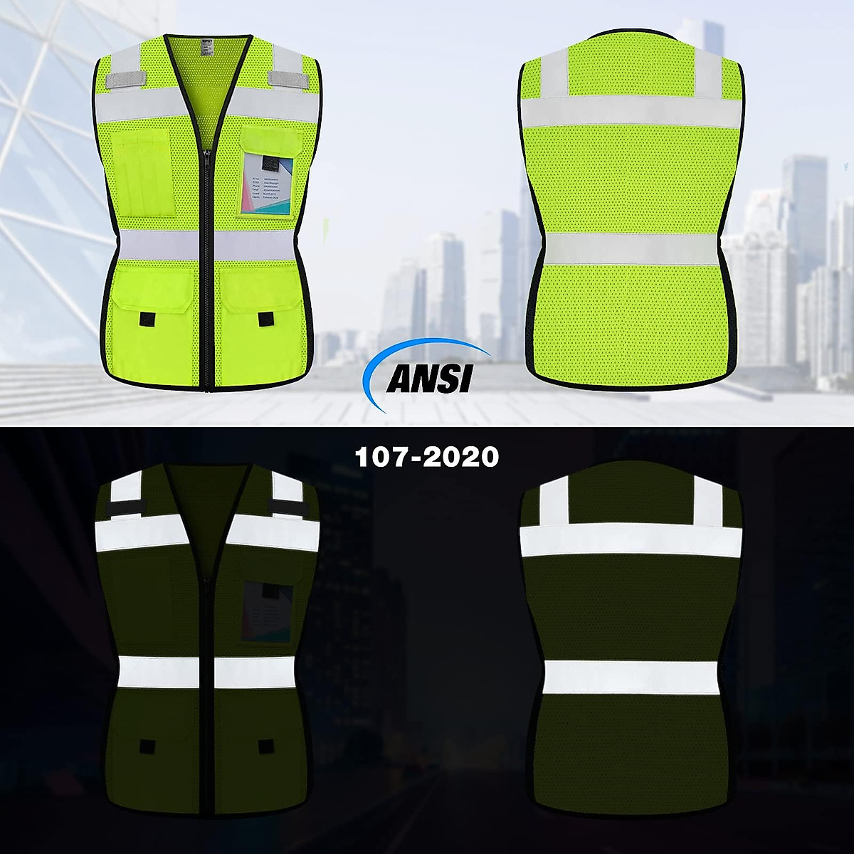 TCCFCCT Women Reflective Vest 11 Pockets High Visibility Mesh Safety Vest for Lady, Neon Construction Work Vest with Zipper, Snug-Fit, Durable with Reinforced Sewing, ANSI Compliant, Yellow S