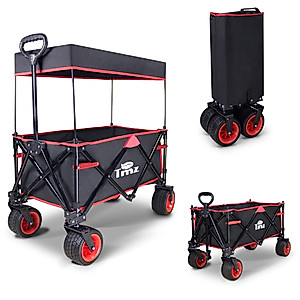 TMZ Collapsible Folding Wagon Cart, Outdoor Utility Garden Cart, Heavy Duty Camping Wagon with Big Wheels，Foldable Wagon for Sports, Shopping, Fishing and Beach(Black/Red)