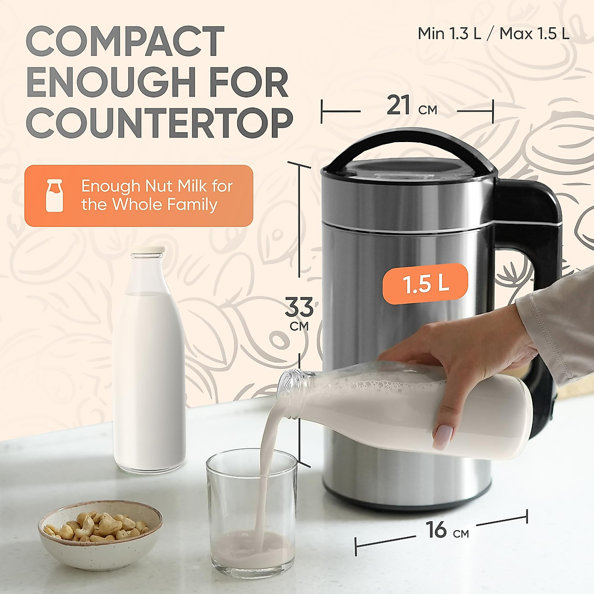 Automatic Nut Milk Maker 50Oz - No Spills, No Fuss, No Straining. Stainless Steel powerful Almond milk maker machine, Oat Milk Maker, Soymilk Machine Maker. Multifunctional