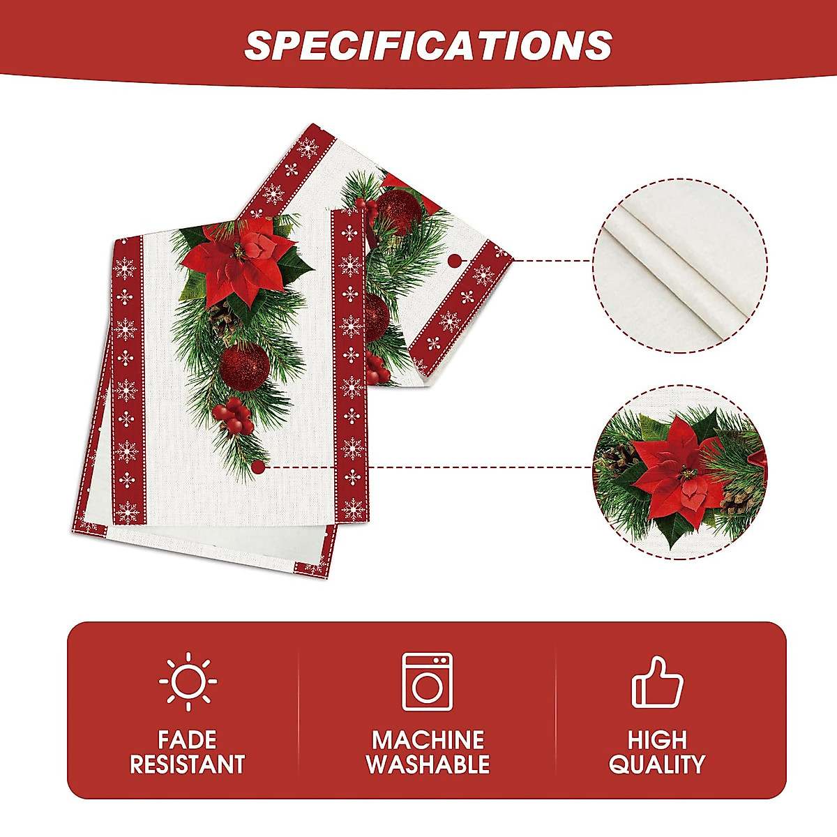 Netnology Watercolor Poinsettia Red Christmas Table Runner with White Snowflake,Seasonal Winter Xmas Party Decoration Holiday Indoor Home Kitchen Decor 13 x 72 Inch