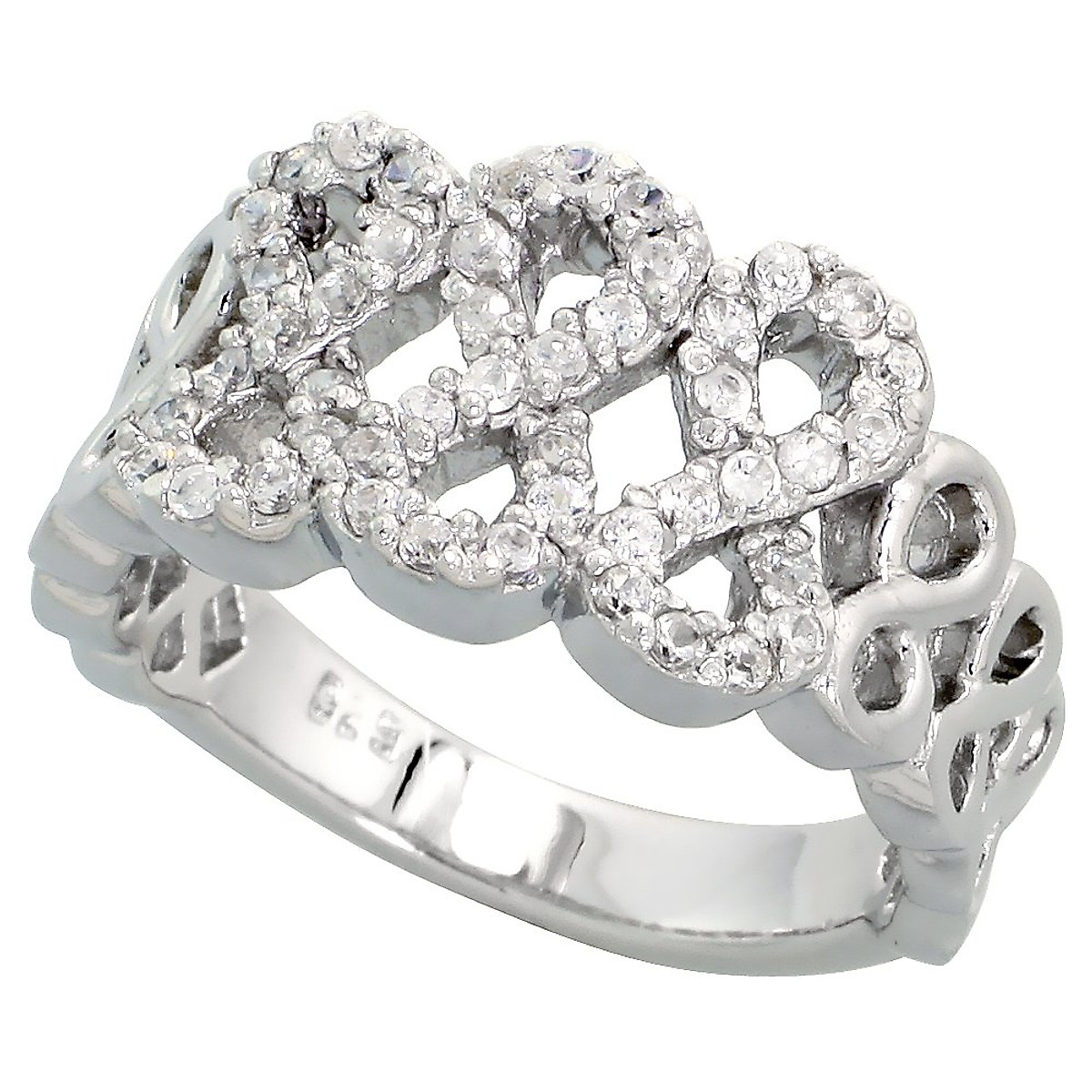 Sterling Silver Good Luck 888 Cubic Zirconia Ring with High Quality Brilliant Cut Stones, 7/16 inch (11 mm) wide, size 10