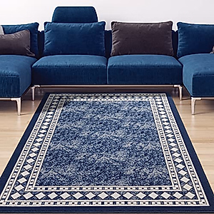 Antep Rugs Alfombras Modern Bordered 5x7 Non-Skid (Non-Slip) Low Profile Pile Rubber Backing Indoor Area Rugs (Navy Blue, 5' x 7')