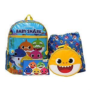 Baby Shark 5 Piece Backpack Set for Kids, Kindergarten Schoolbag with Insulated Lunch Box, Pencil Case, Cinch Bag, and Squishy Ball Toy Dangle, Daypack for Toddler’s Boys and Girls