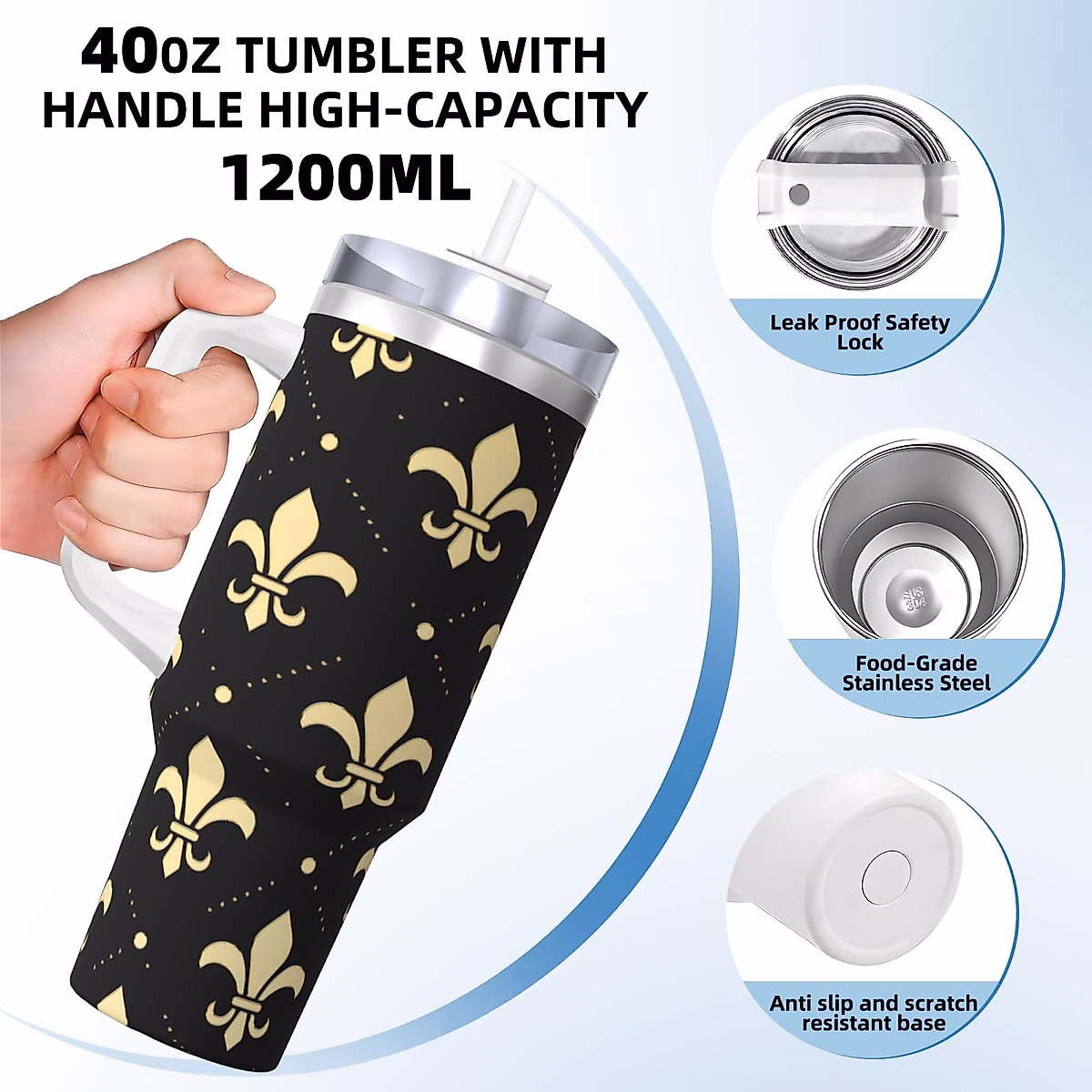 allgobee 40oz Stainless Steel Travel Mug With Handle,Fleur-De-Lis-Gold Insulated Coffee Tumbler With Lid And Straw