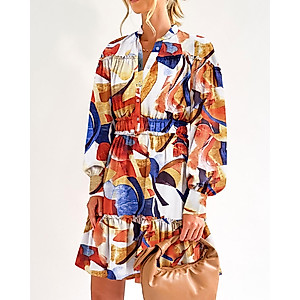 KIRUNDO Women Long Sleeve Dress Button Up Oil Mottled Print Exotic Dresses Casual Loose Elastic Waist A Line Short Dress Party Dress Homecoming Dresses(Blue, Small)