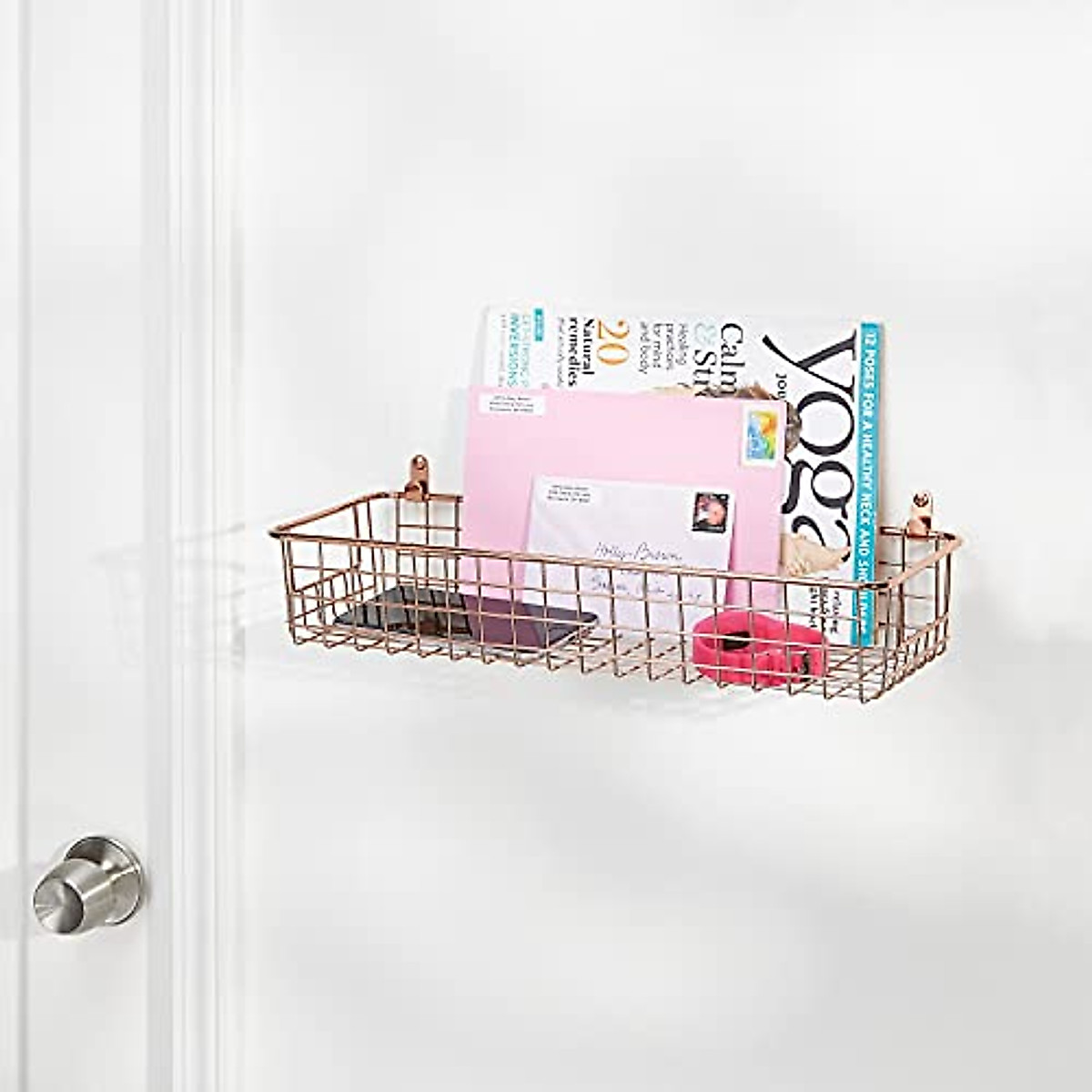 mDesign Wallmount Metal Storage Basket Tray with Handles - Decorative Organizer for Hanging in Entryway, Mudroom, Bedroom, Bathroom, Laundry Room - Small - Hooks Included - 2 Pack - Rose Gold