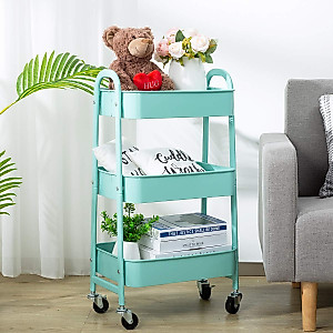 AGTEK Makeup Cart, Movable Rolling Organizer Cart, Aqua Blue 3 Tier Metal Utility Cart