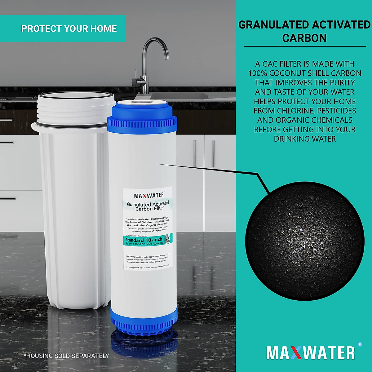Max Water 10"x 2.5" GAC (Granular Activated Carbon) Water Filter Replacement Cartridge Compatible with 10" Standard Whole House and RO Water Filtration Systems, Coconut Shell Carbon - Pack of 25