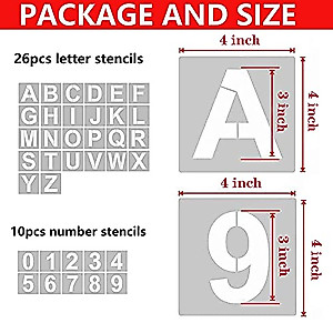 4 Inch Letter Stencils and Numbers, 36 Pcs Alphabet Art Craft Stencils, Reusable Plastic Art Craft Stencils for Wood, Wall, Fabric, Rock, Signage(4 Inch)