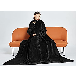 TITIZLK Wearable Blanket Adult, Super Soft Faux Fur Throw Blanket, 61x80, with a Foot Pocket, Large, Blanket with Sleeves, (Black, 62x80)