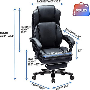 Comermax High Back Big and Tall Office Chairs 90-135° Reclining Office Chair for 400lb Heavy People, Plus Size Rocking Managerial and Executive Chairs with Footrest (Black)
