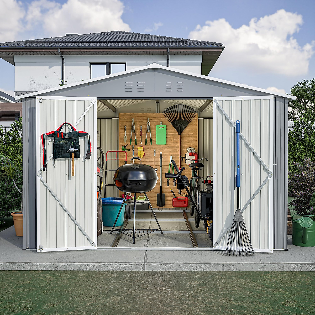 YOPTO 10×10 FT Outdoor Storage Shed,Metal Aluminum Waterproof Tool Sheds with Foundation,Doors & Vents,Heavy-Duty Sheds Unit W/Lock & Key,for Storing Bicycles,Lawnmowers,Barbeques,Gray