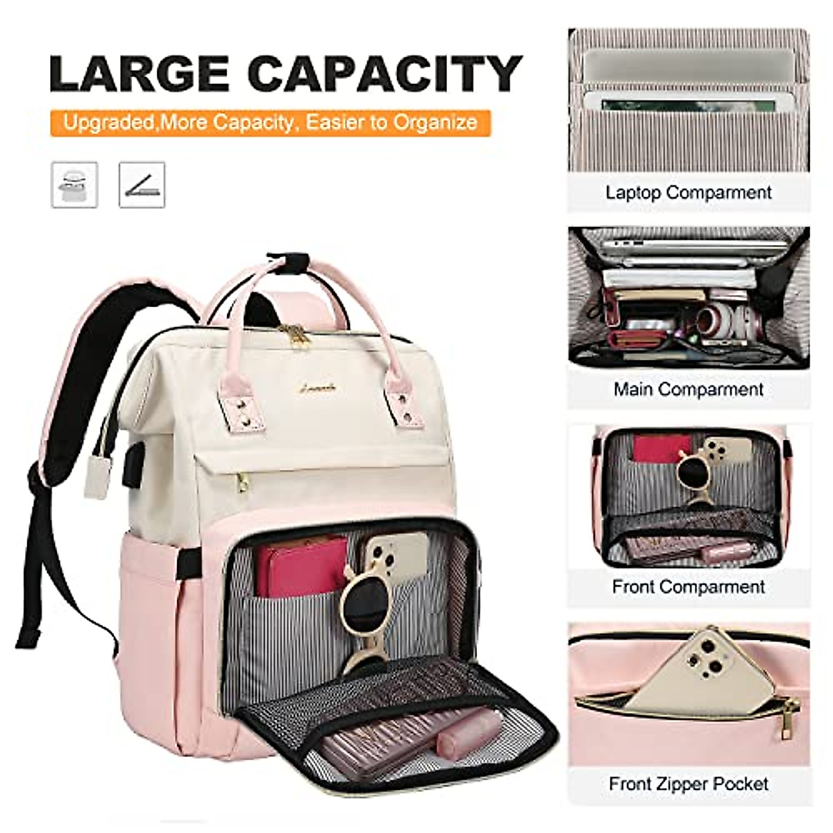 LOVEVOOK Laptop Backpack for Women, 17-inch Large Capacity Fashion Work Computer Backpacks Purse, Travel Business Bags, Doctor Nurse Backpack, Beige-Pink