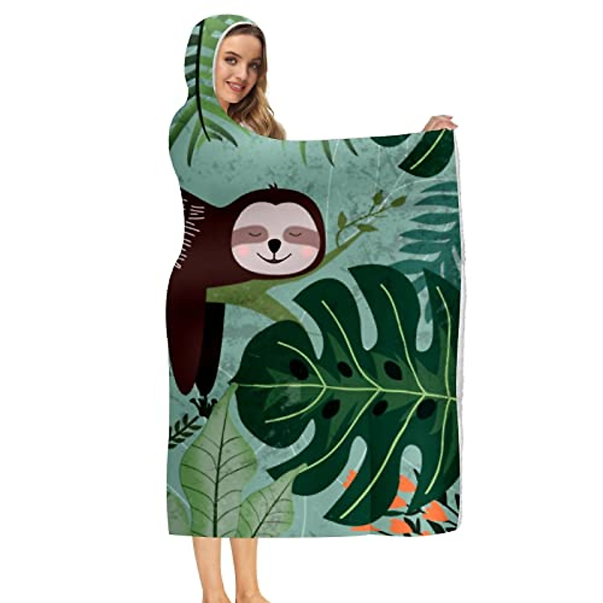 Hooded Blanket Sloth Sleep Tropical Jungle Wearable Blanket Hood Poncho Hooded Blanket Throw Plush Blanket Novelty Blanket for Bed Home Sofa 39x51 Inch