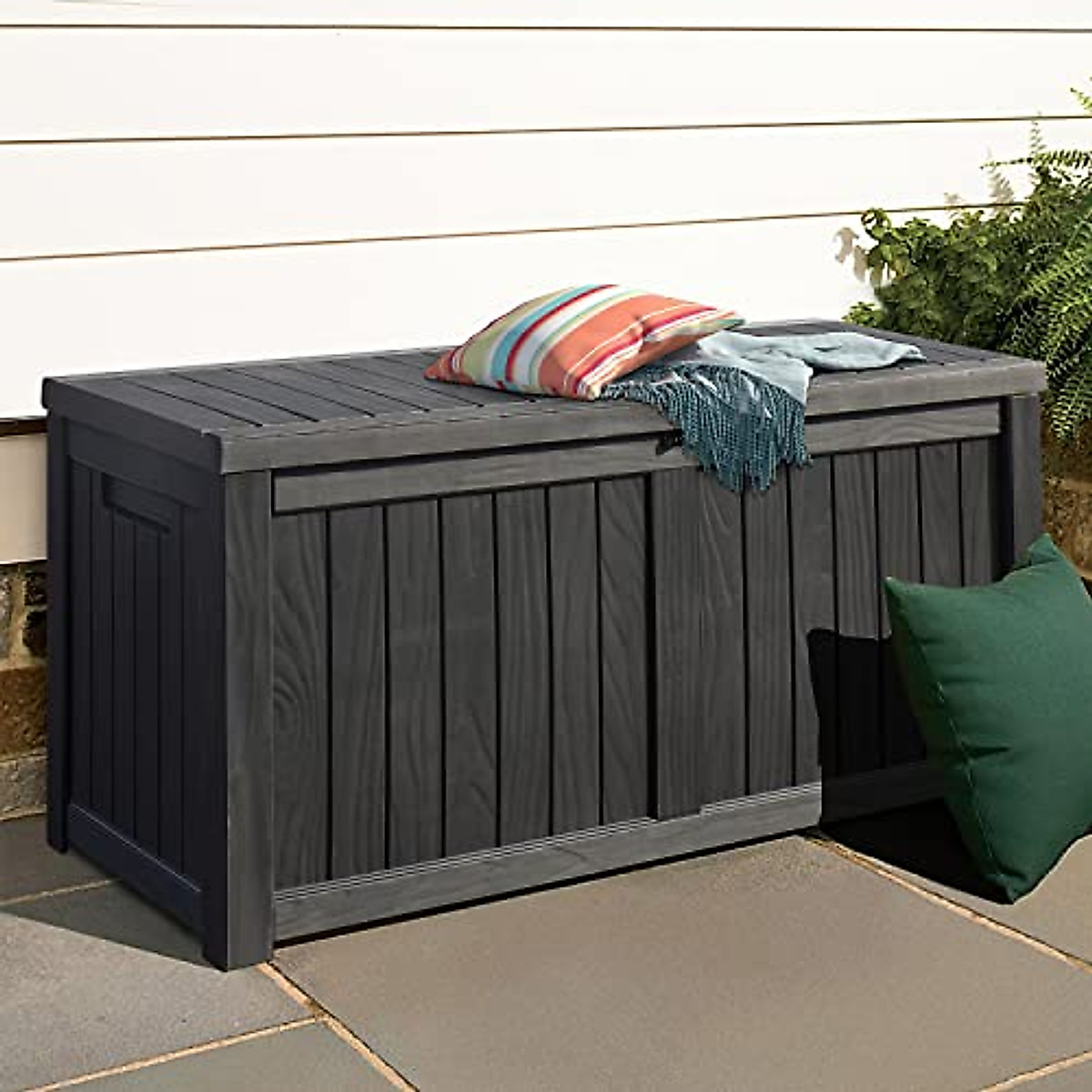 Flamaker Resin Deck Box 120 Gallon Waterproof Large Deck Boxes Plus Outdoor Indoor Storage Box Imitation Wood Resin for Patio Furniture Garden Tools and Pool,Dark Black