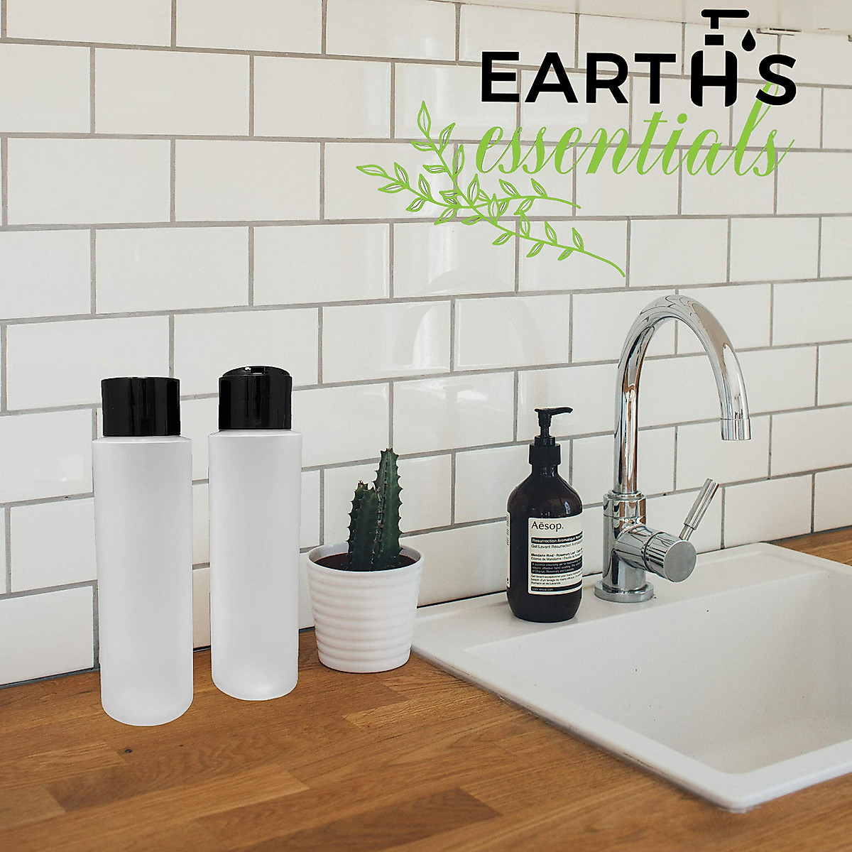 Earth's Essentials 2 Pack Refillable 16 Ounce HDPE Squeeze Bottles With Stand On The Cap Dispenser Tops-Great For Lotions, Shampoos, Conditioners and Massage Oils From (BLACK CAP)