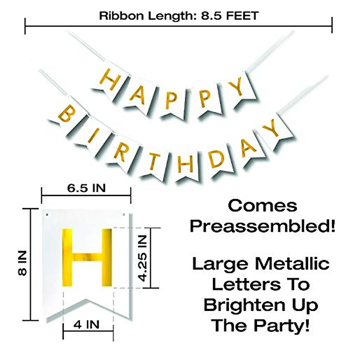 White and Gold Happy Birthday Banner Sign with Two Matching Gold Curtains Sturdy Preassembled Party Decorations by Dream VZN