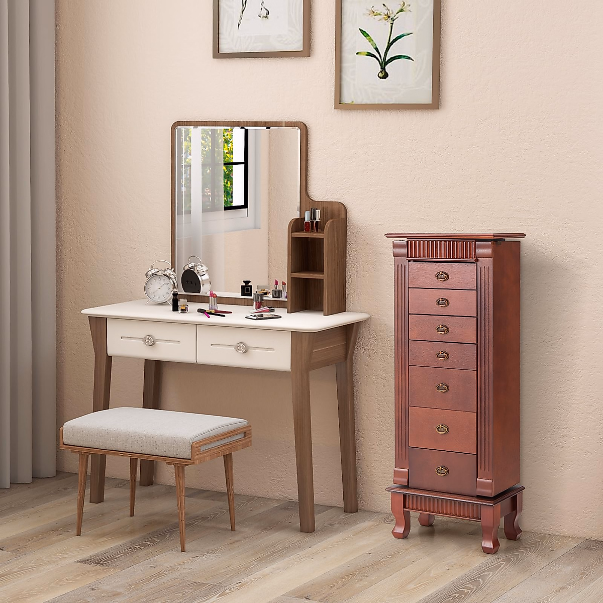 Giantex Standing Jewelry Armoire Cabinet Storage Chest with 7 Drawers, 2 Side Doors, 12 Necklace Hooks, Makeup Mirror and Top Divided Storage Organizer, Large Standing Jewelry Armoire