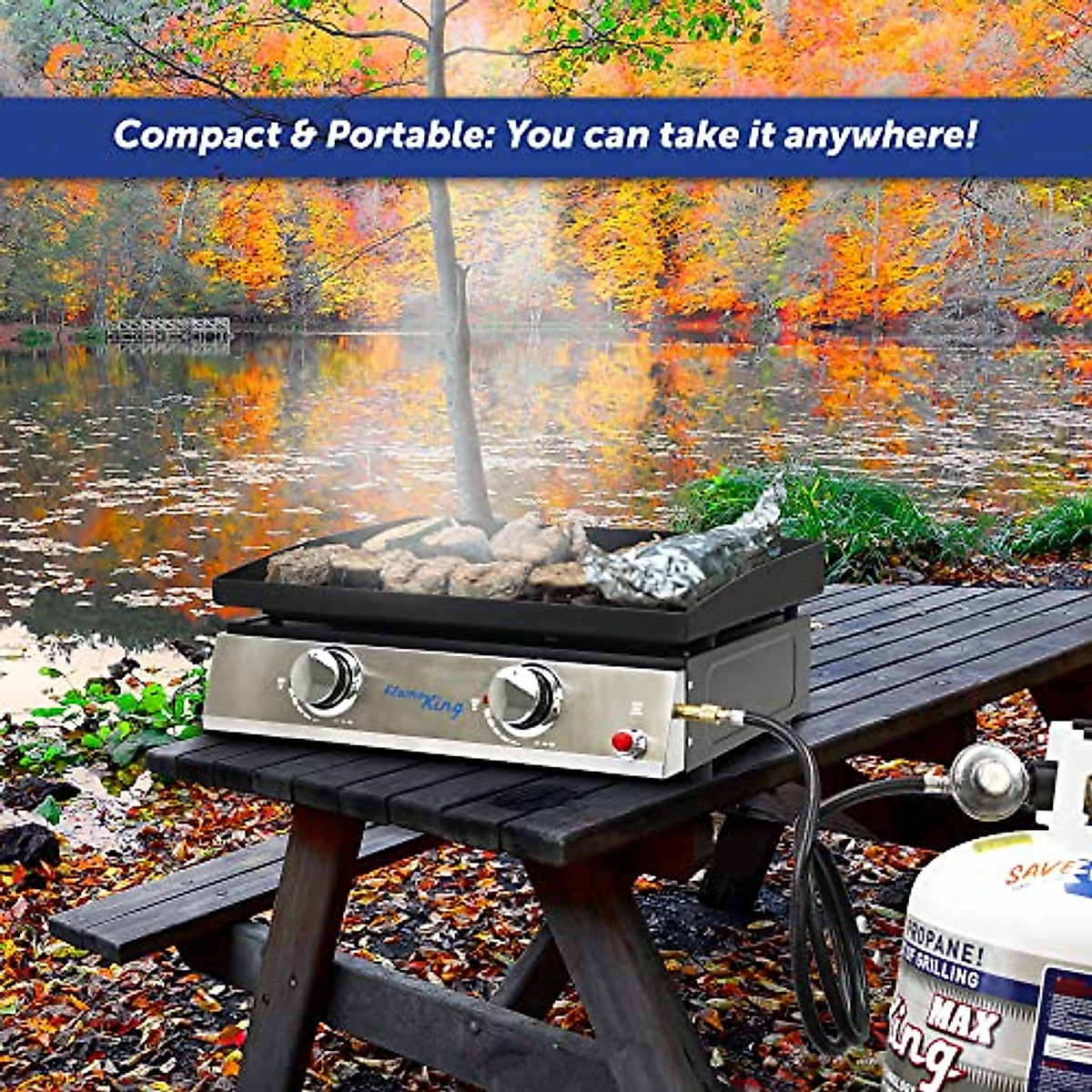 Flame King YSNFM-HT-120DB Double Burner Flat Top Outdoor BBQ Grill, Portable Propane Gas Griddle for Camping and Tailgating, 22 inches, Black