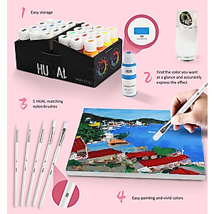 HUAL Acrylic Paint Set With 5 Brushes, 24 Colors (60ml, 2oz) Premium Acrylic Paints for Professional Artists Kids Students Beginners & Painters, Canvas Ceramic Wood Fabric Rock PaintingHalloween
