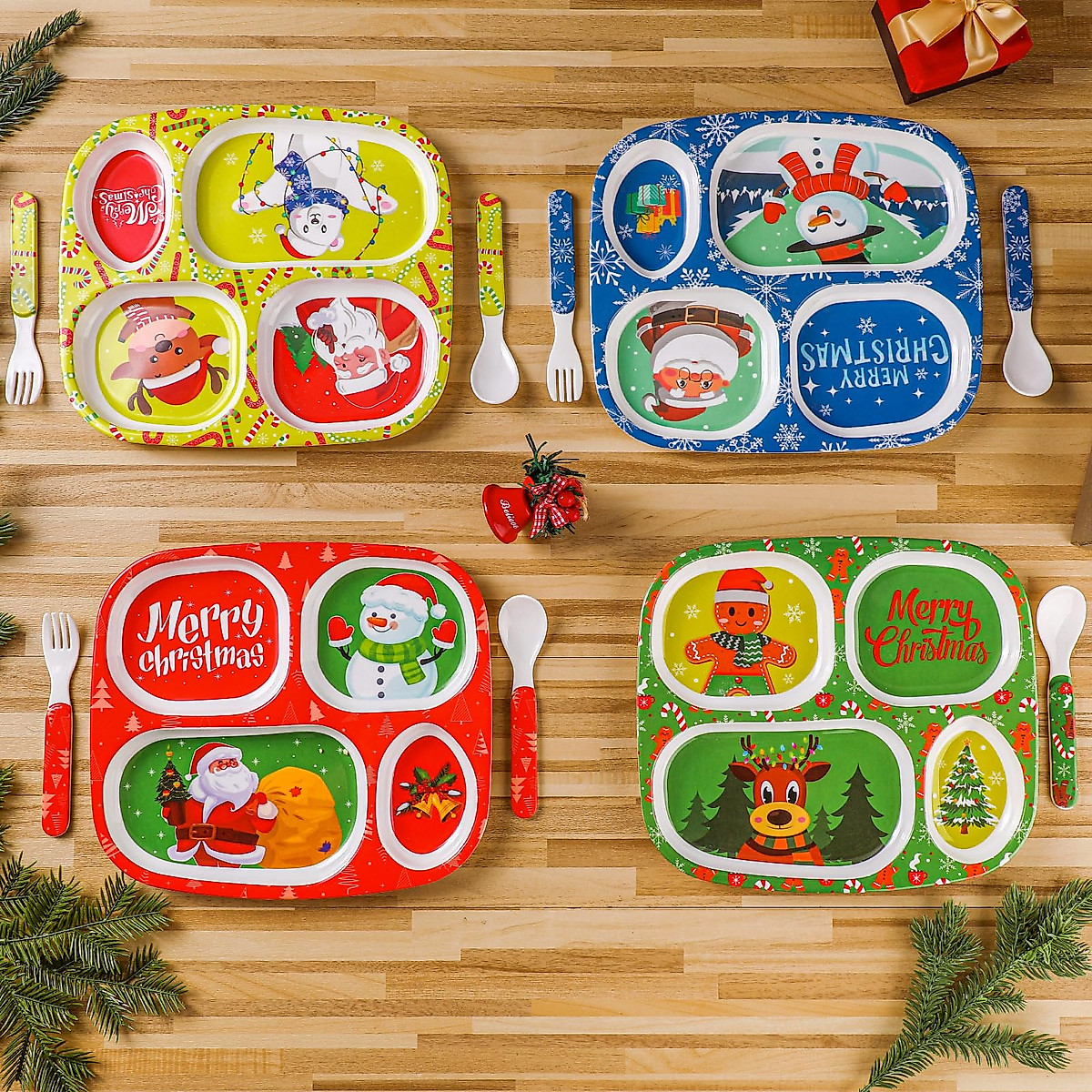 Hoolerry 4 Set Dinner Plate for Kids Boys Girls Dinnerware Divided Plates with Fork and Spoon Elk Shark Dinosaur Vehicle Excavator Unicorn Kids Dishes for Top Rack Dishwasher Safe(Cute)