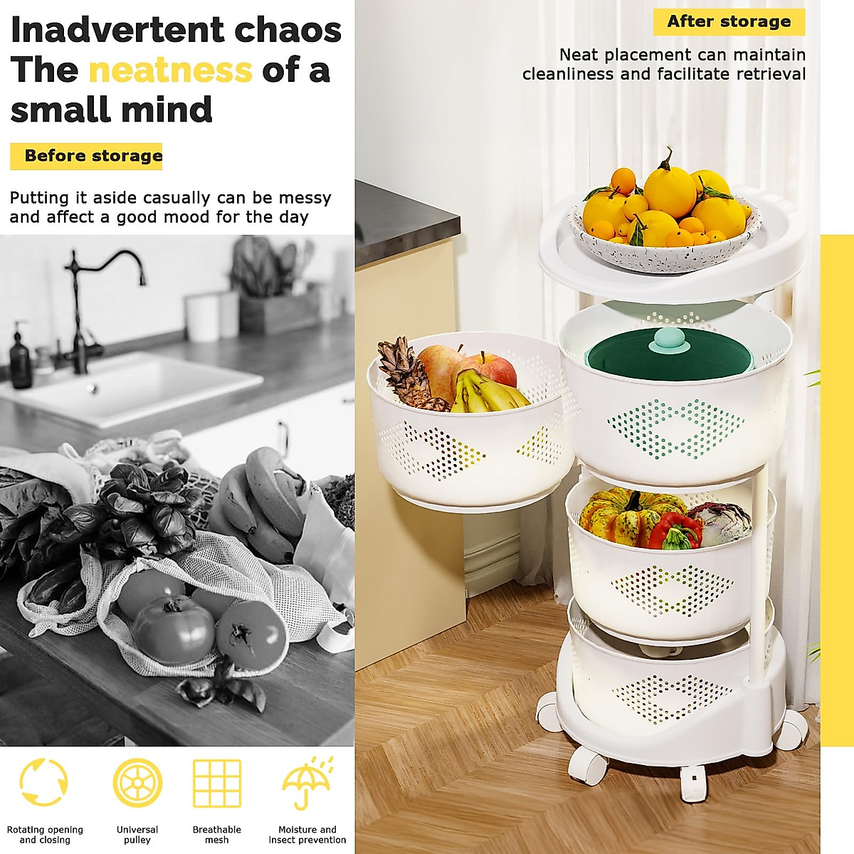 yoakaiax Rotating Trolley Rotating Storage Rack for Kitchen, 3/4 Tier Fruit and Vegetable Storage for Kitchen Rotating Storage Rack with Wheels, Kitchen Storage Cart Space Saver Potatoes Storage Frui