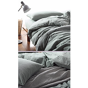 Eikei Washed Cotton Chambray Duvet Cover Solid Color Casual Modern Style Bedding Set Relaxed Soft Feel Natural Wrinkled Look (King, Eucalyptus Mint)