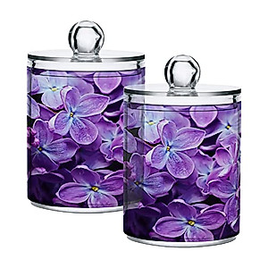 Kigai 2PCS Spring Lilac Purple Floral Qtip Holder Dispenser with Lids - 14 oz Bathroom Storage Organizer Set, Clear Apothecary Jars Food Storage Containers, for Tea, Coffee, Cotton Ball, Floss