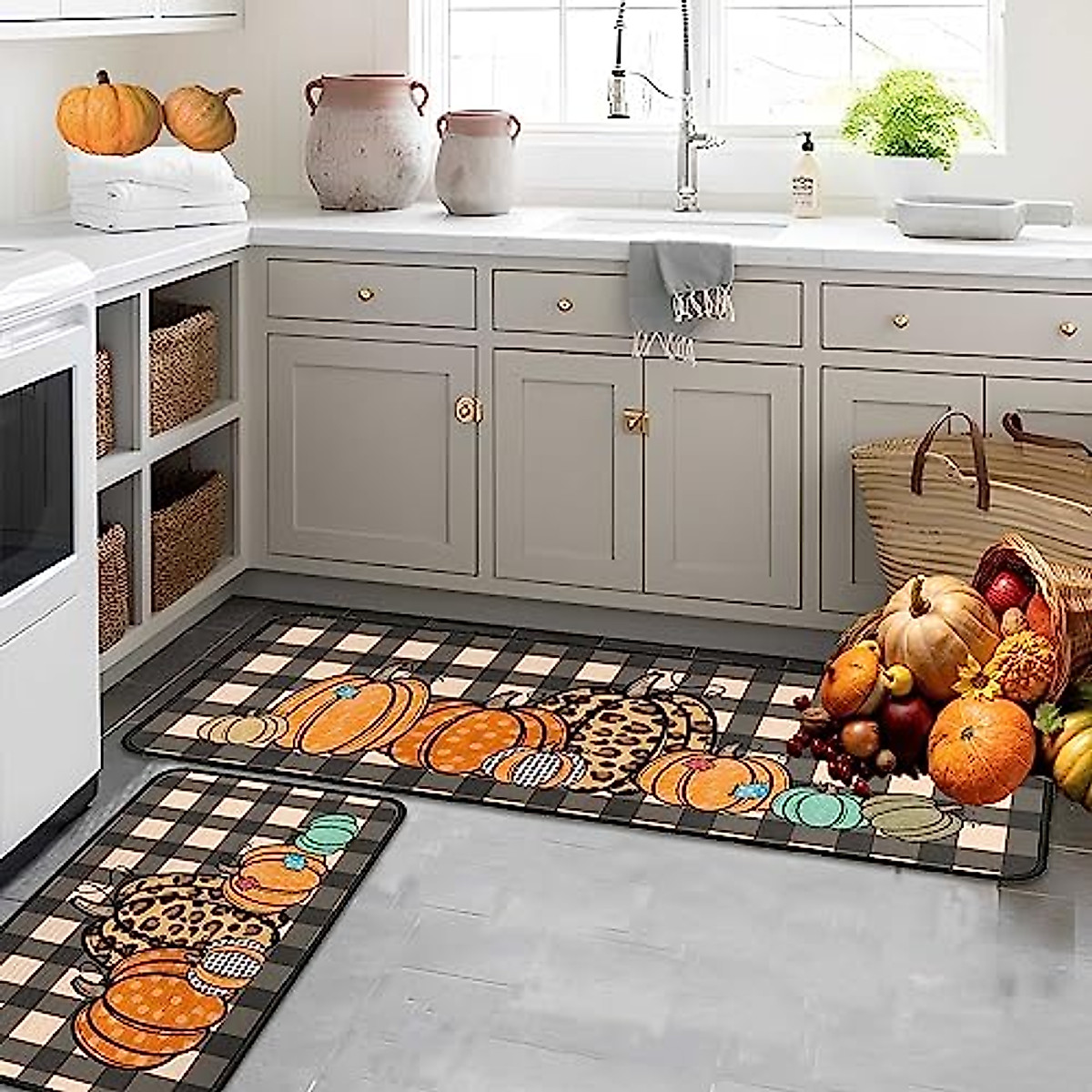Fall Kitchen Rugs and Mats Set of 2, Thanksgiving Kitchen Rug Non Slip Backing Fall Decorations for Home Seasonal Farmhouse Fall Holiday Autumn Harvest Low-Profile Kitchen Floor Mat 17"X47"+17"X30"