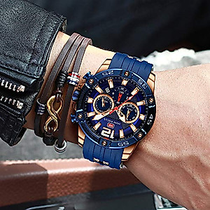Mini Focus Men Watches Unique Casual Wrist Watches (Chronograph/Waterproof/Luminous/Calendar/24 Hours) Silicon Band Fashion Watches for Men (Blue-Golden)