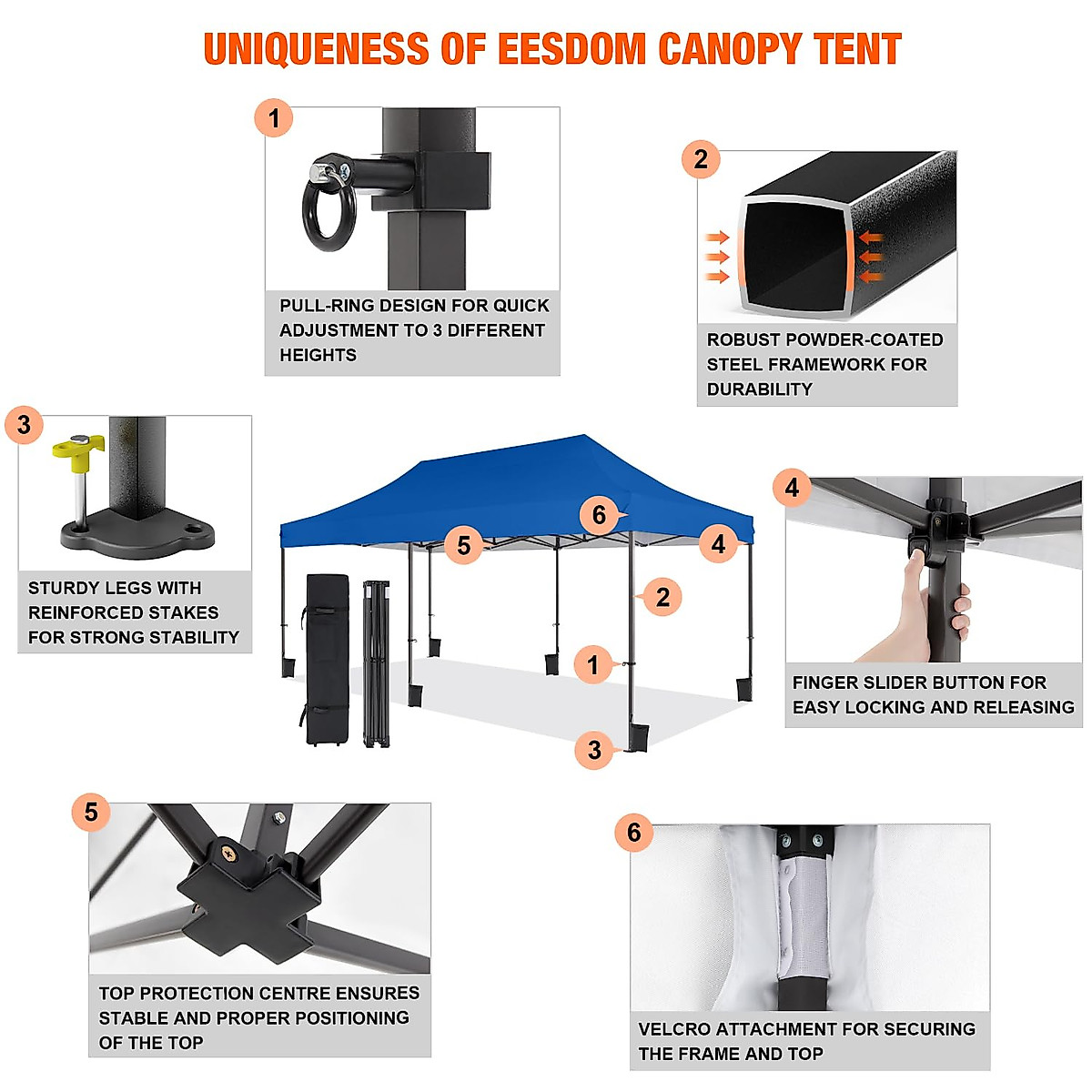Eesdom 10x20 Canopy Tent with Roller Bag, Commercial Pop Up Canopy Tent, Adjustable Height with Pull Ring, Outdoor Canopy for Beach, Parties, UPF50+, 6 Stakes & 6 Sandbags & 6 Ropes, Blue