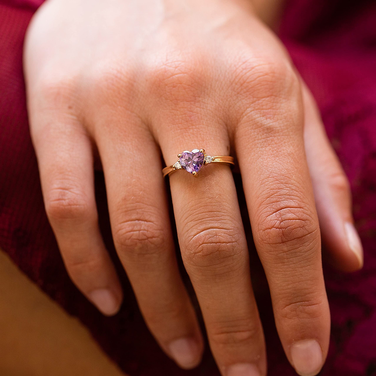 LIFETIME JEWELRY 3-Stone Cubic Zirconia Heart Ring for Women 24k Real Gold Plated (Purple, 7)